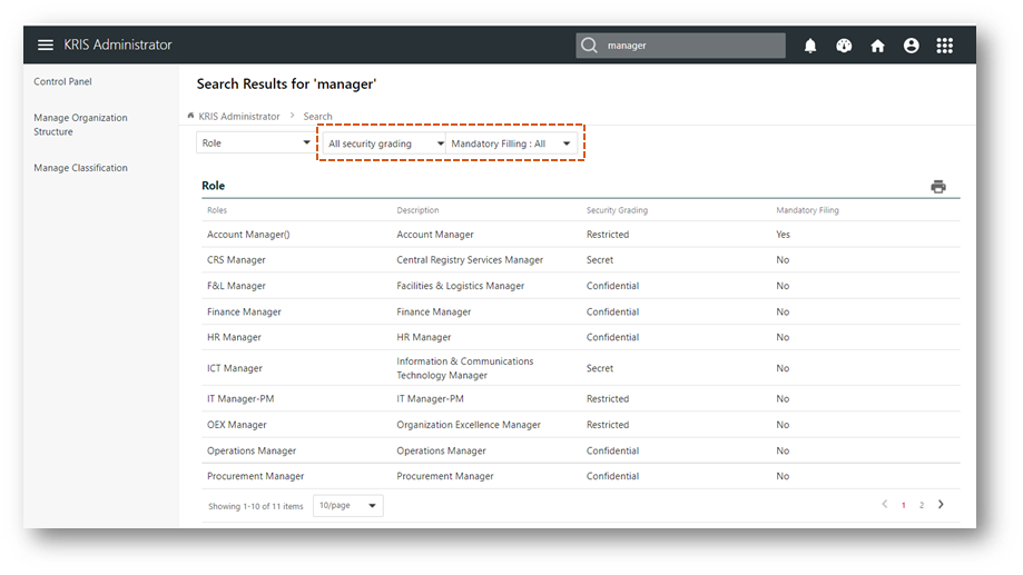 Searching in KRIS Administrator Module