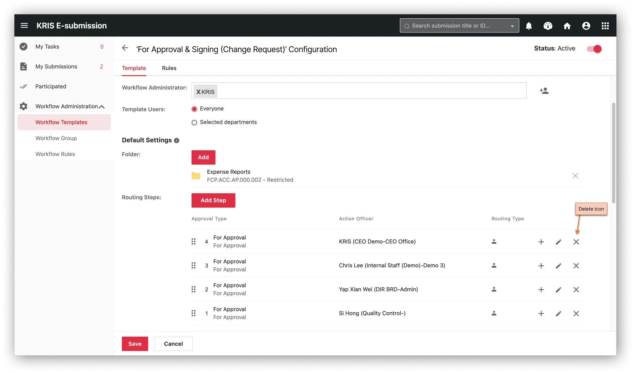 Configuring routing steps and action officers