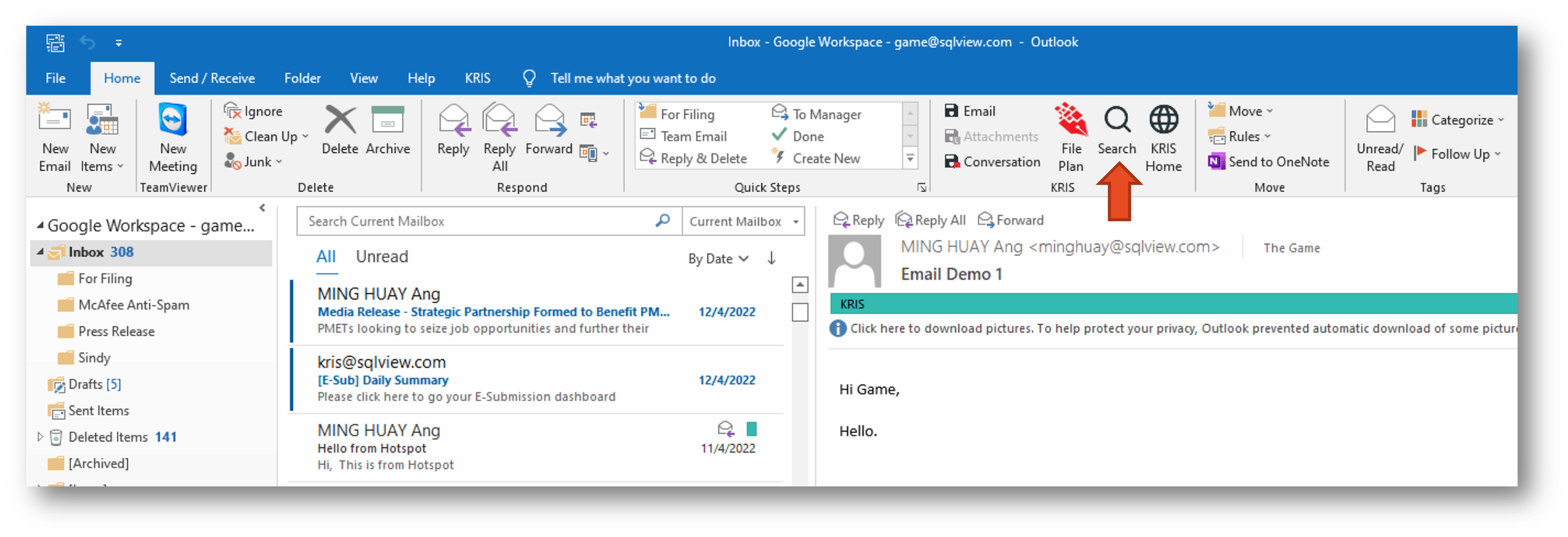 Searching for KRIS Documents in Outlook