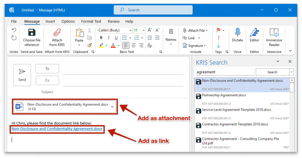 Adding KRIS Documents as Attachments or Links in Your Email