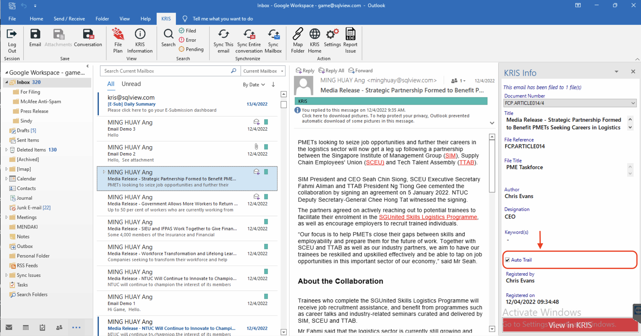 Filing an Email Conversation into KRIS & Enabling Auto-Filing