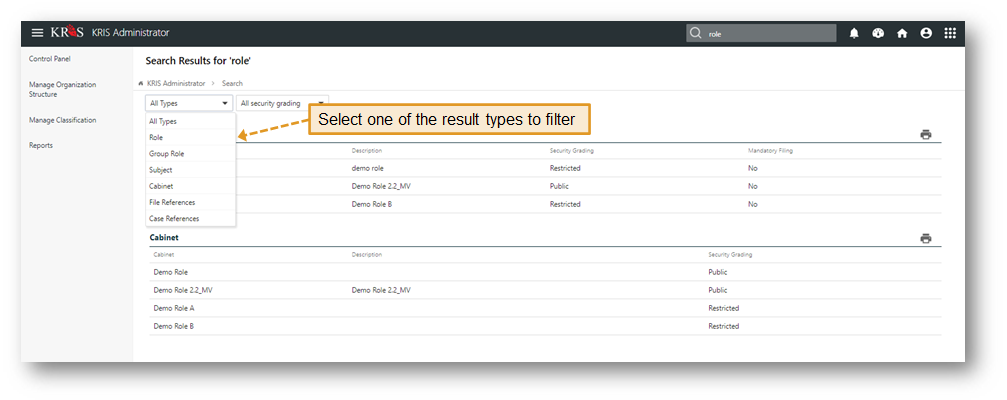Searching in KRIS Administrator Module